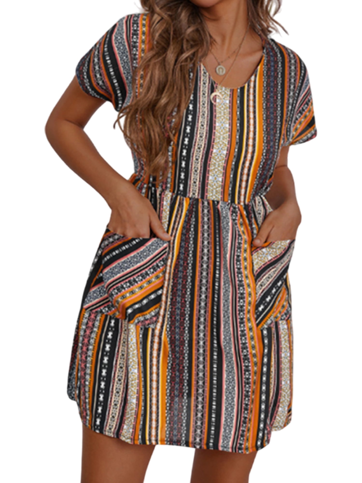 Julycc Women Boho Floral Print Mini Dress Short Sleeve Pockets Maxi ...