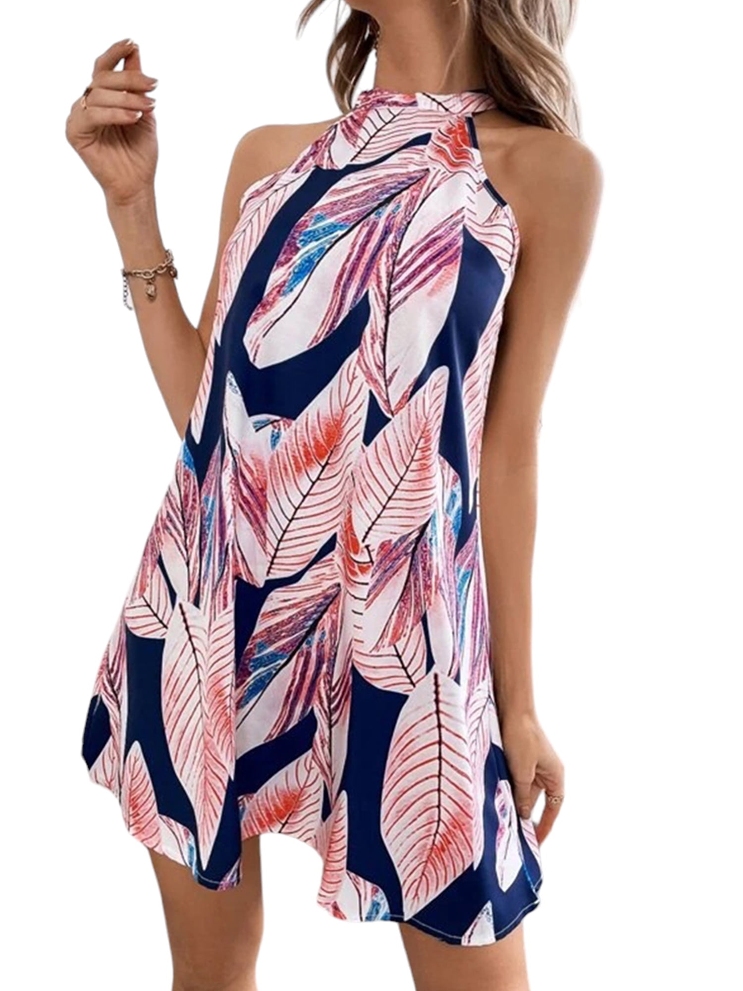 Julycc Women Boho Floral Print Sundress Halter Sleeveless Holiday Mini ...