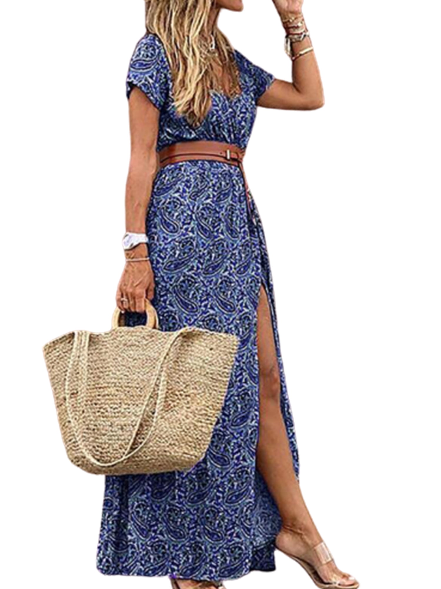 Julycc Womens Boho Midi Floral Dress Summer Short Sleeve Long Beach ...