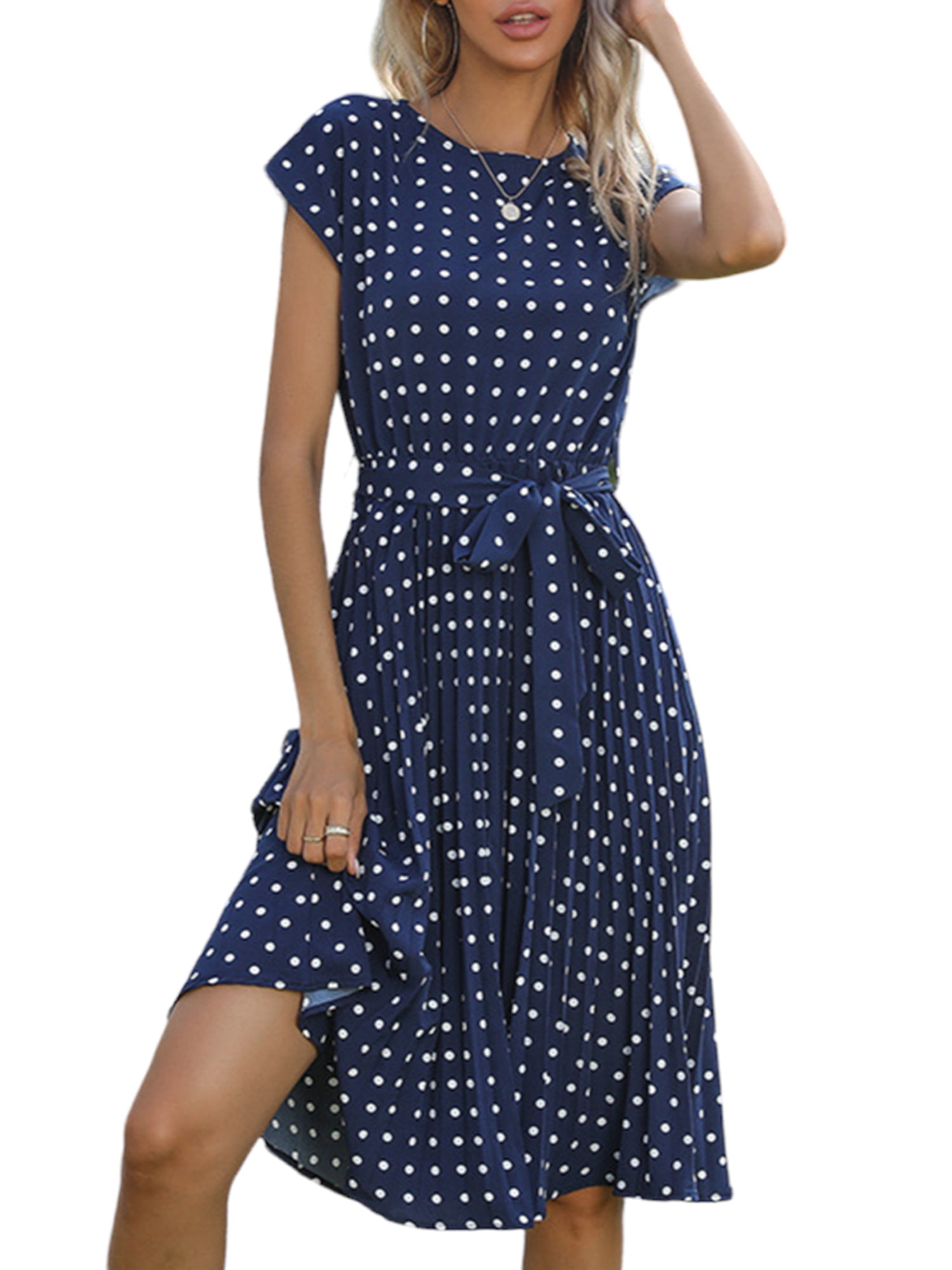Julycc Womens Boho Polka Dot Print Belted Sundress Short Sleeve Pleated ...