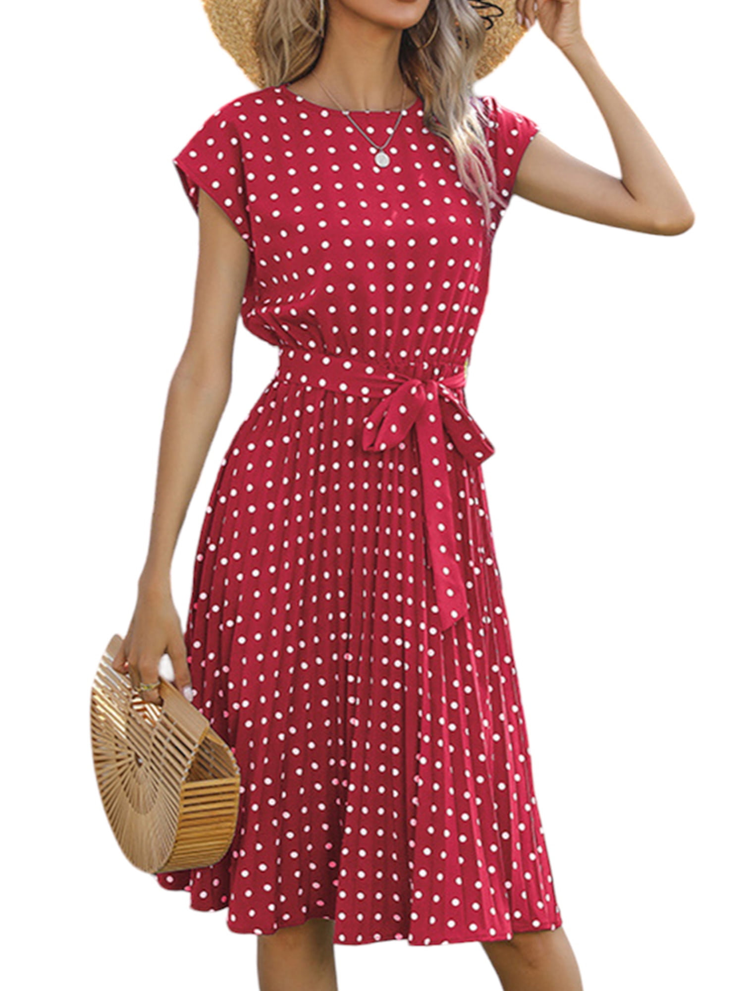 Julycc Womens Boho Polka Dot Print Belted Sundress Short Sleeve Pleated ...