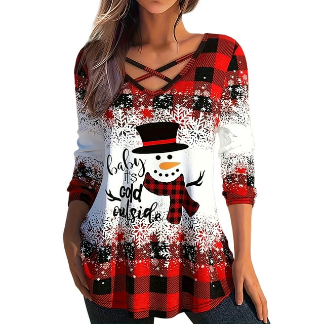 Julycc Womens Christmas Long Sleeve V Neck T Shirt Plaid Novelty Print