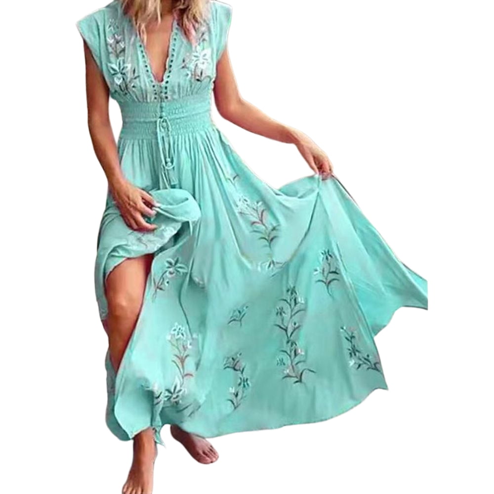 Julycc Womens Floral Sundress Summer Beach High Waist A-line Long Maxi ...