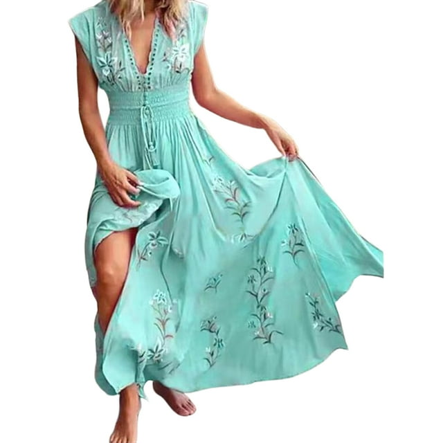 Julycc Womens Floral Sundress Summer Beach High Waist A-line Long Maxi ...