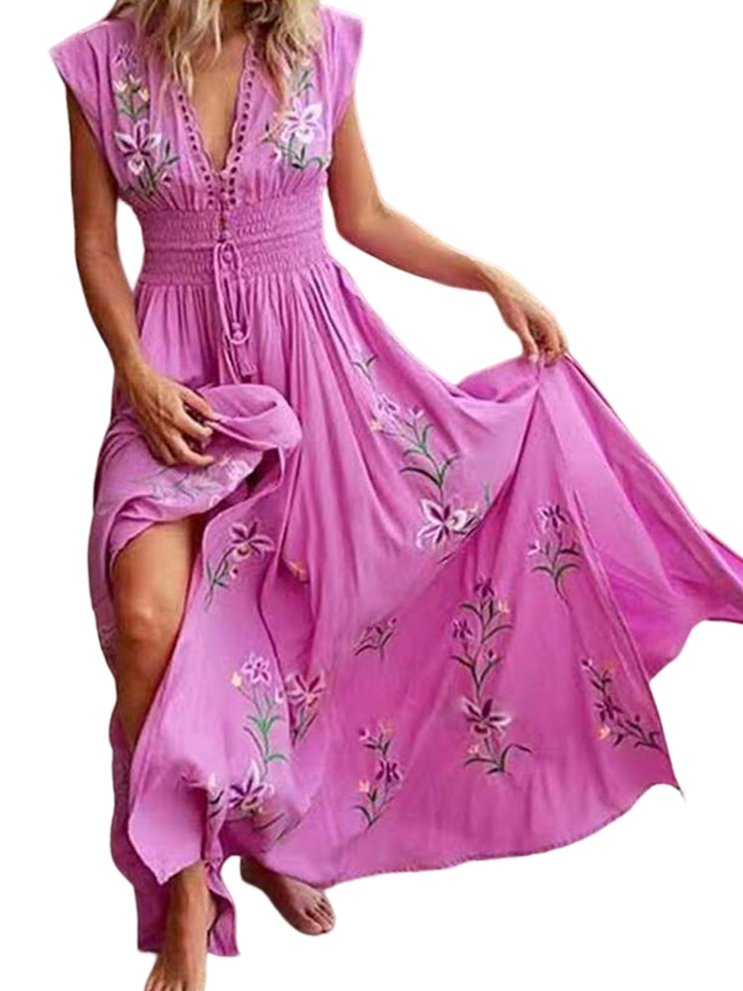 Julycc Womens Floral Sundress Summer Beach High Waist A-line Long Maxi ...