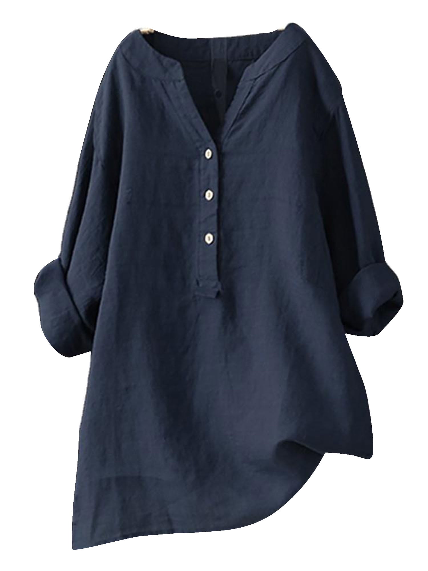 Julycc Womens Long Sleeve Buttons Plain Tunic Blouse Linen Shirt Tops ...