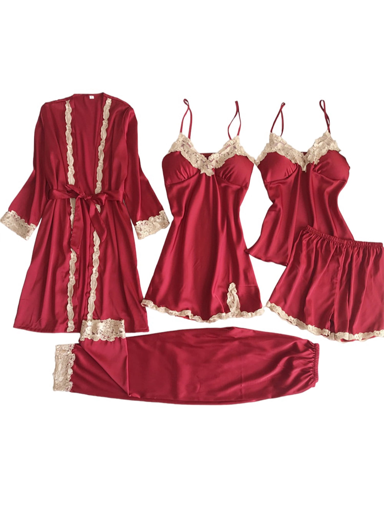 Julycc Womens Satin Silk Pajamas Set Lace Lingerie Kimono Robe Padded ...