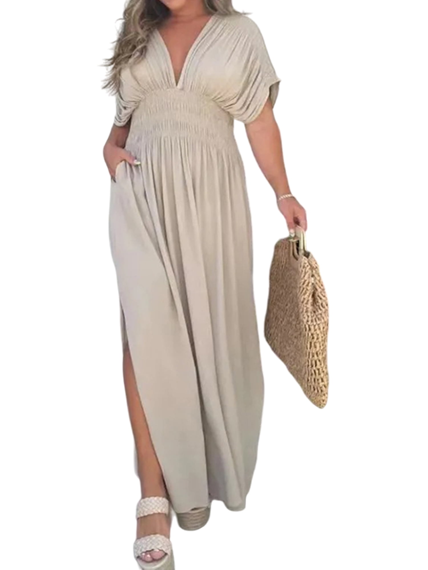 Julycc Womens Short Sleeve V Neck Maxi Dress Summer Party Long Sundress ...