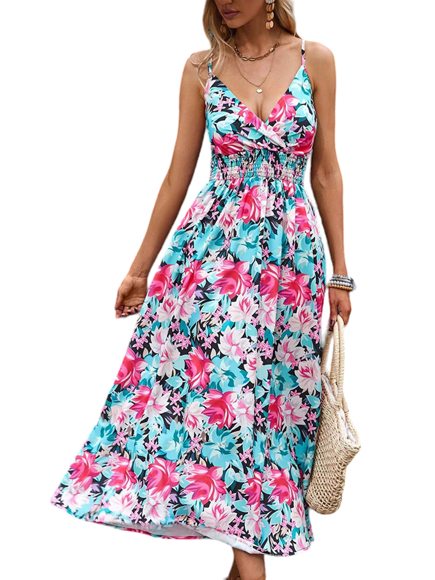 Julycc Womens Strappy V Neck Maxi Dress Spagehtti Strap Floral Long ...