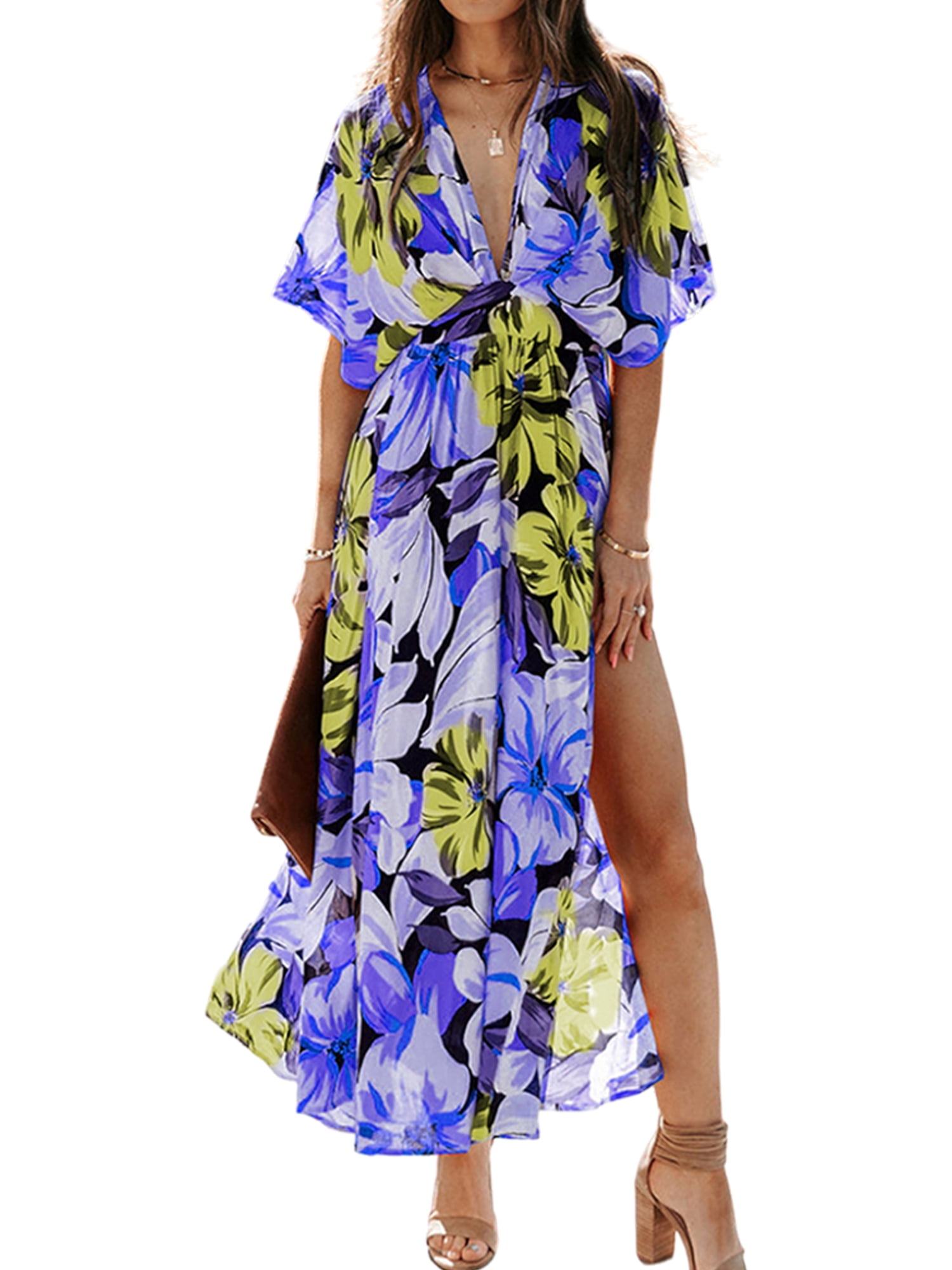Julycc Womens Summer Maxi Dress Batwings V Neck Holiday Floral Long ...