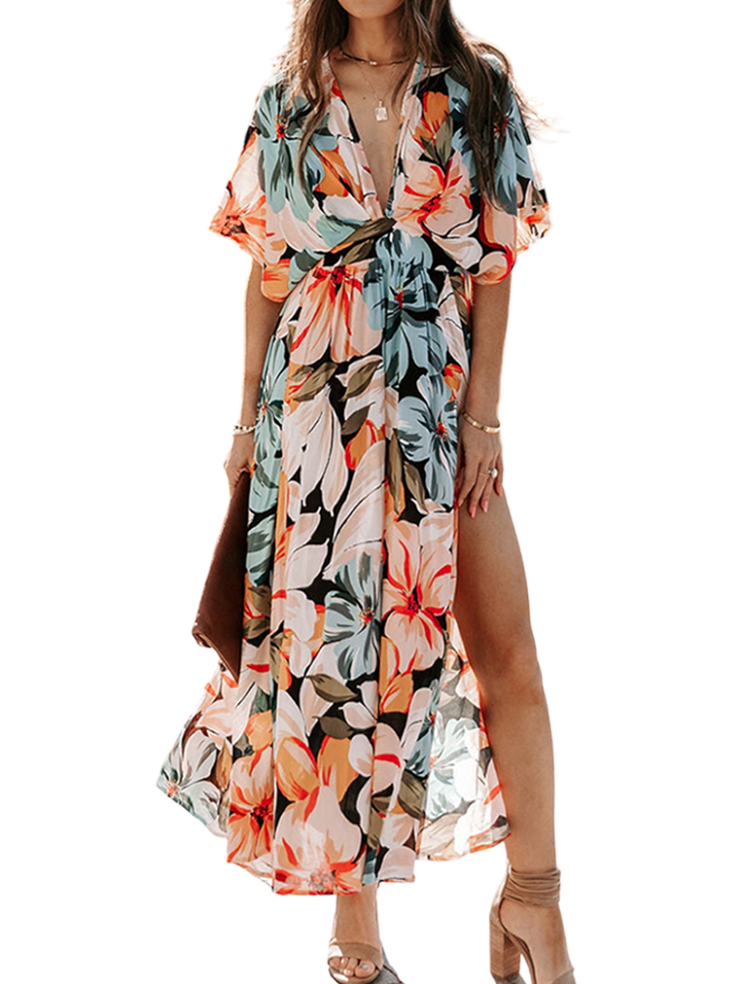 Julycc Womens Summer Maxi Dress Batwings V Neck Holiday Floral Long ...
