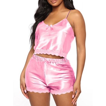 Nituyy 2Pcs Women Satin Silk Sleepwear Lace V Neck Pyjamas Set ...