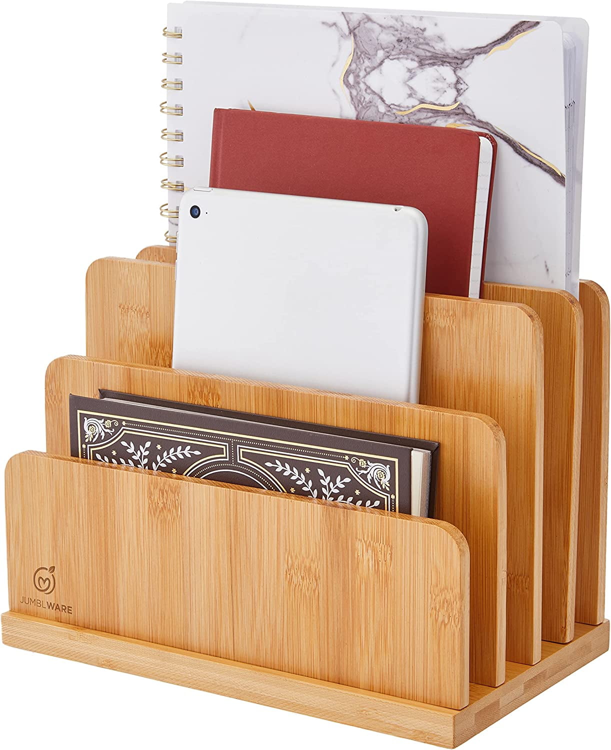 JumblWare Bamboo Desktop File Organizer, 4 Slot Wooden File Sorter ...