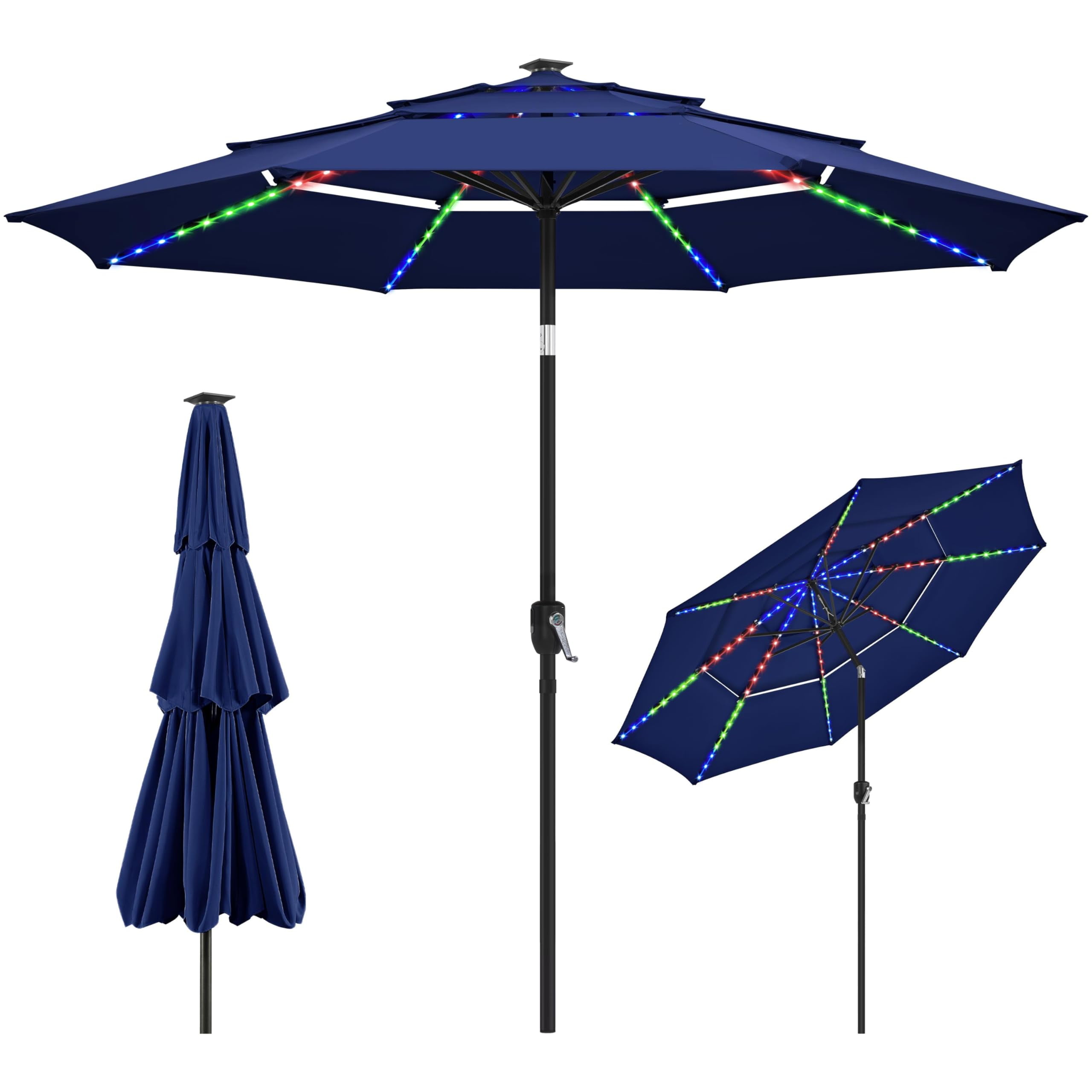 Jumbo 10ft 3 Tier Vented Outdoor Umbrella, Solar Panel LED Patio ...