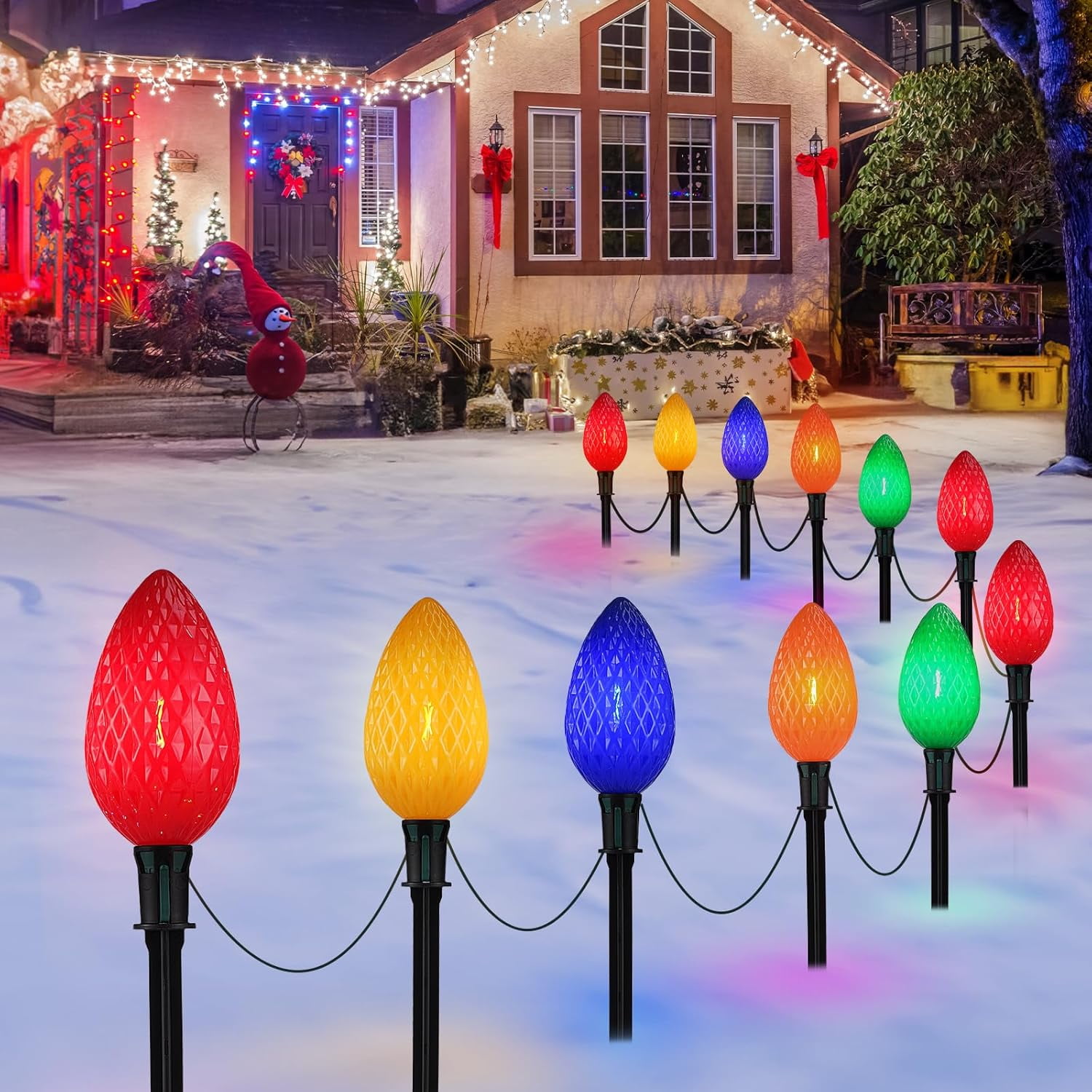 Jumbo C9 Christmas Pathway Lights with 12 Strawberry Lights, 20FT Multicolor LED for Outdoor ...