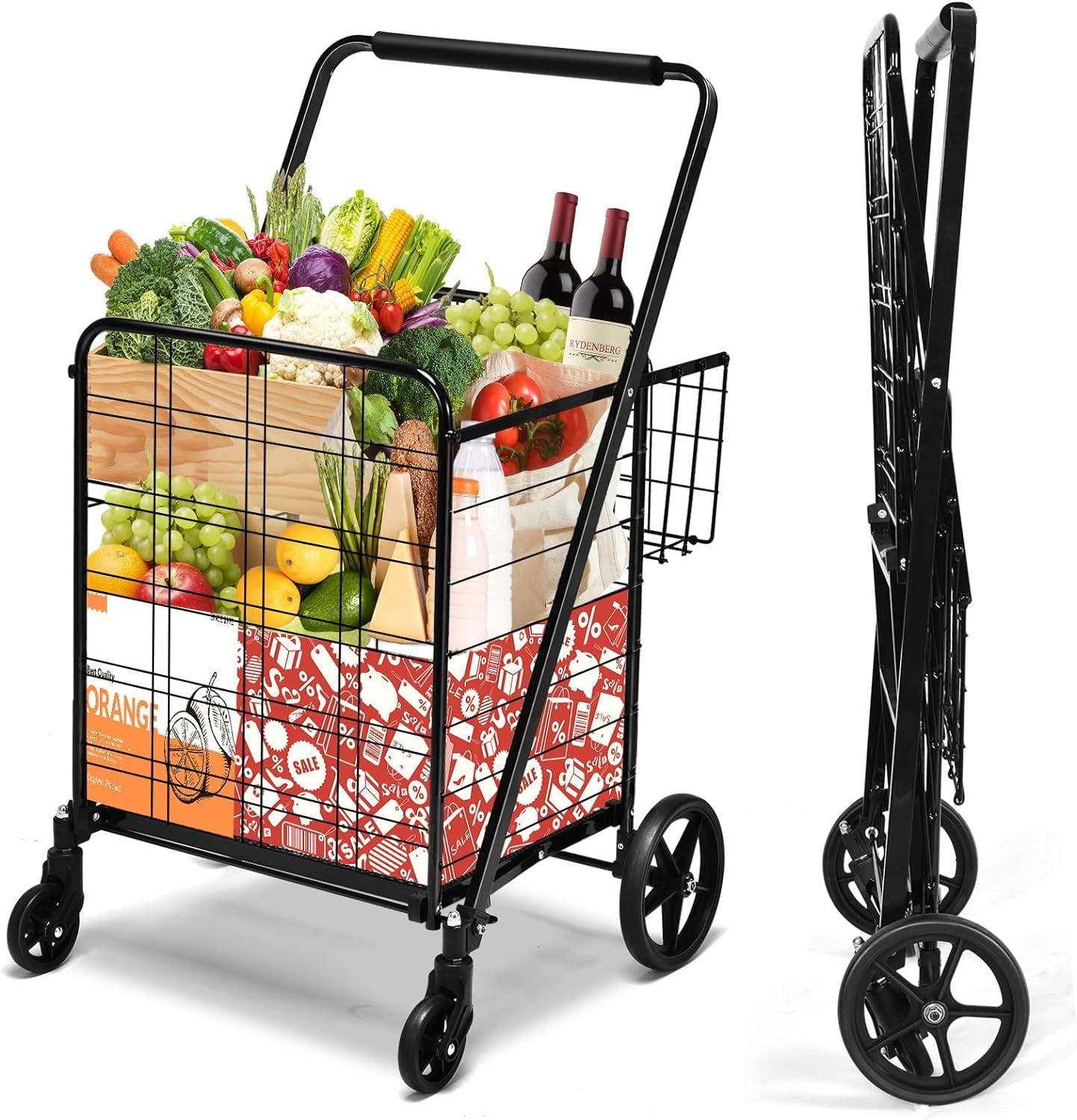 Jumbo Foldable Shopping Cart - Heavy Duty 330LB Capacity Grocery Cart ...