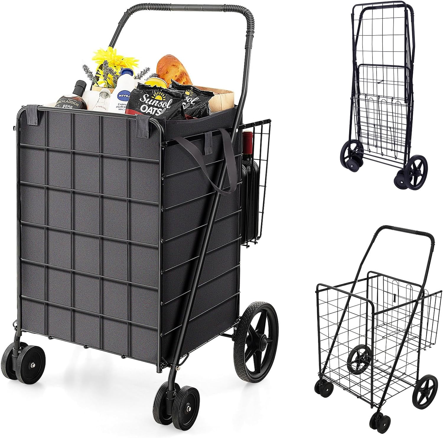 Jumbo Folding Shopping Cart with Rolling Swivel Wheels, Foldable ...