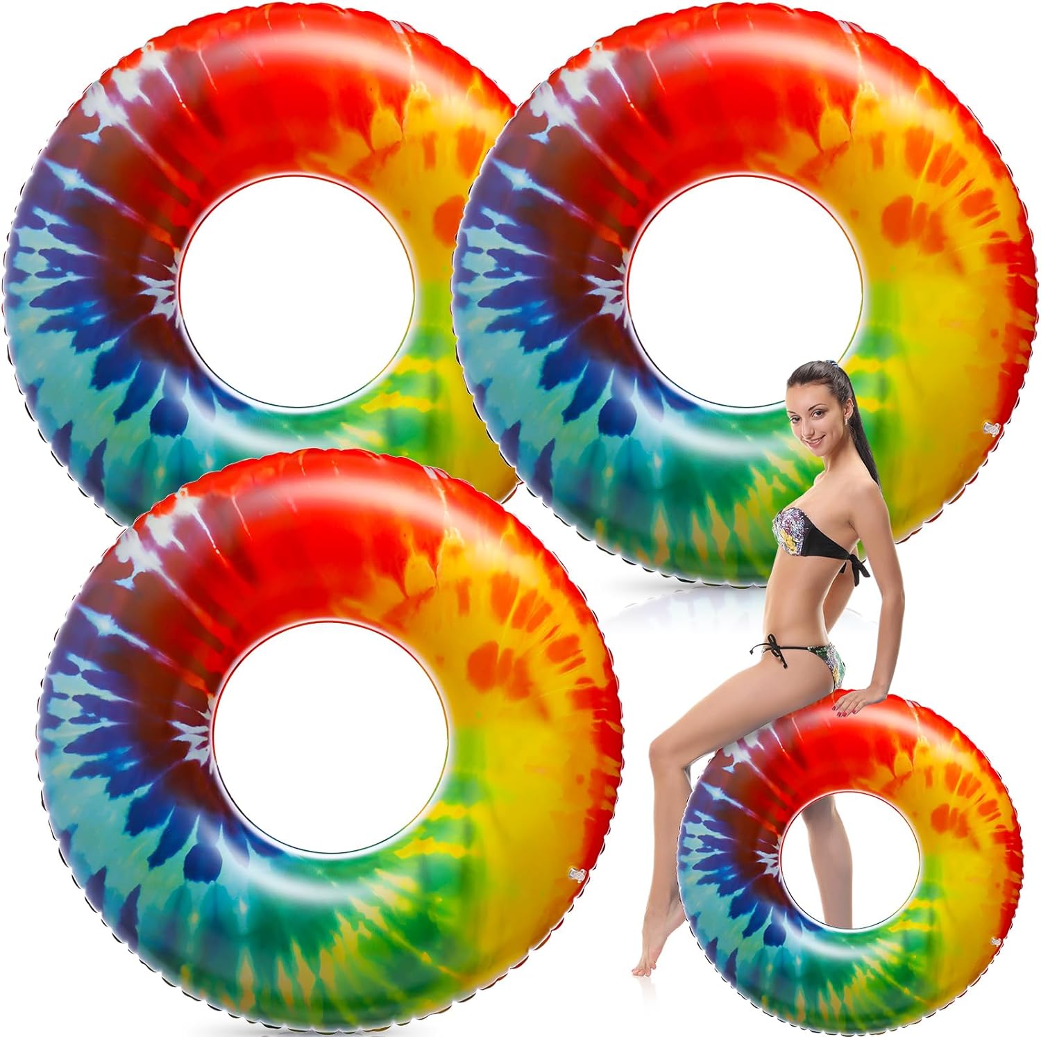 Jumbo Inflatable Pool Floats Rings, Tie Dye Tube Float 47.24 Inch Large Colorful Adult Floaties ...