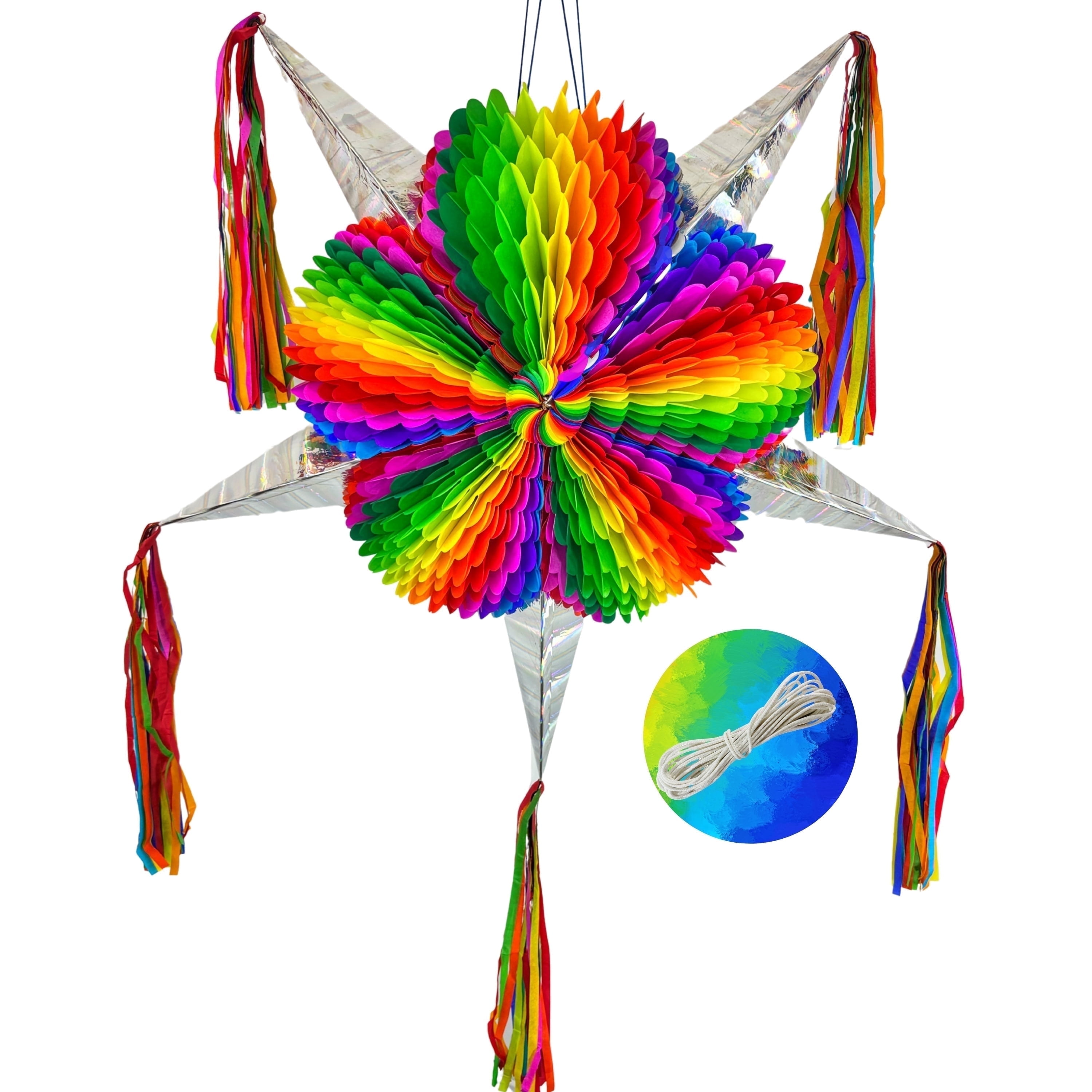 Jumbo 33" Piñata, Mexican Star Pinata with Silver Cones and Rainbow ...