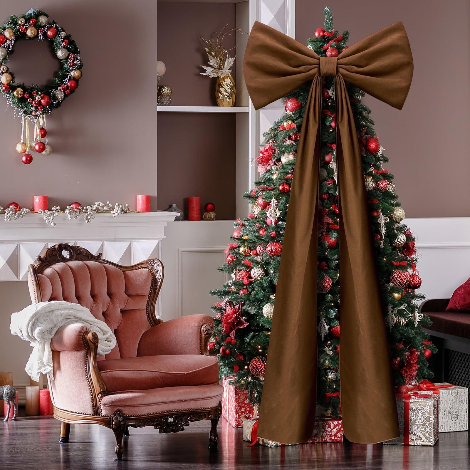 Jumbo Wired Ribbon Bow, 70-Inch Two-Tier Christmas Decoration for Stair ...