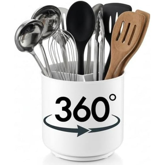 Jumbo XL Rotating White Plastic Utensil Holder Caddy with Sturdy No-Tip ...