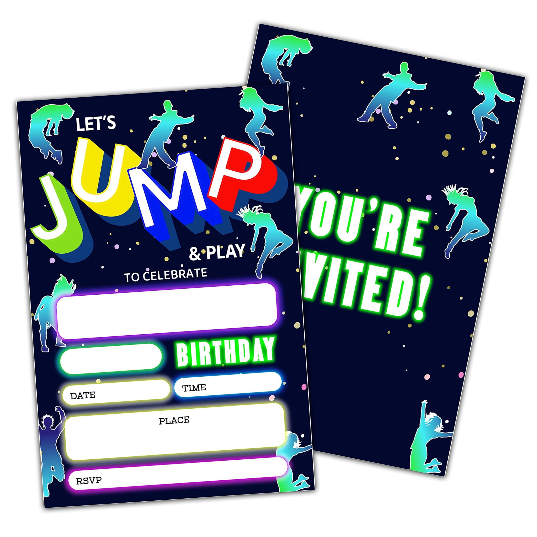 Jump Into Fun Birthday Invitations - Double-Sided Trampoline Park Cards ...