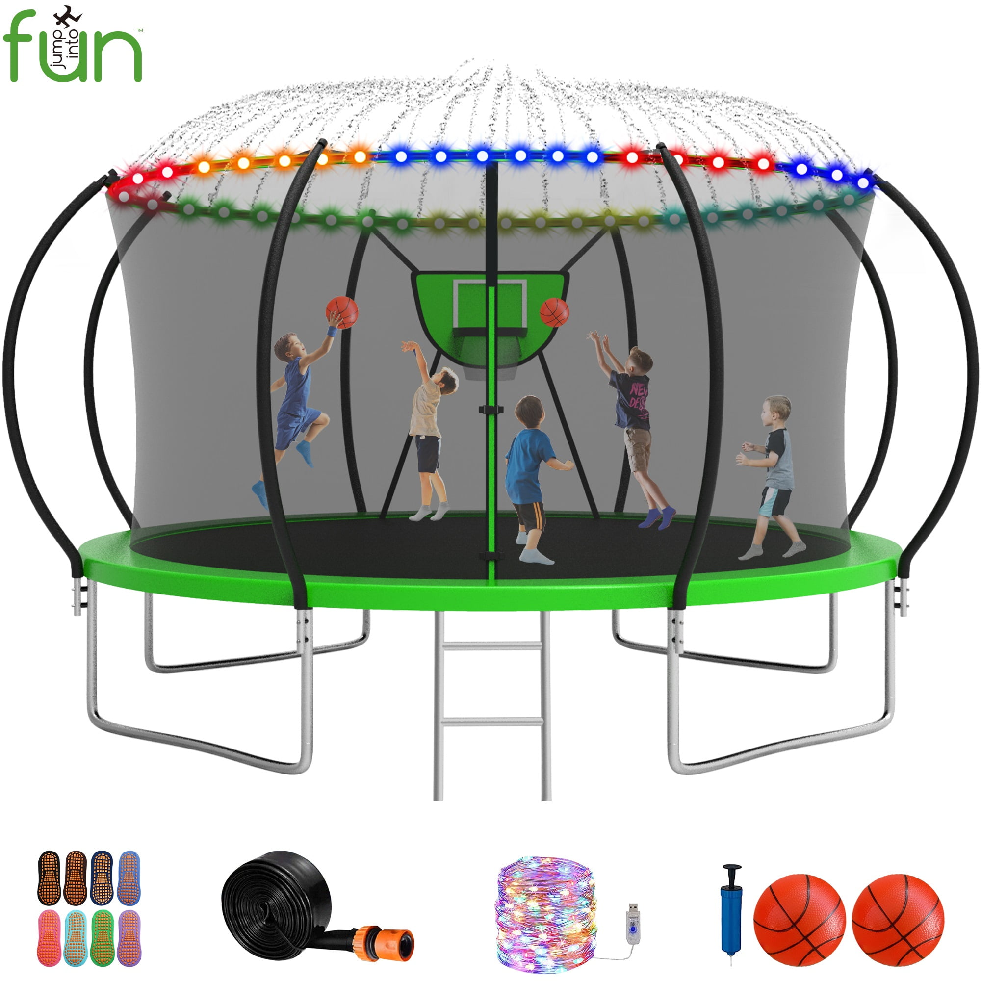 Jump Into Fun Trampoline 10FT-16FT with Enclosure, LED, Hoop, 2 Balls ...