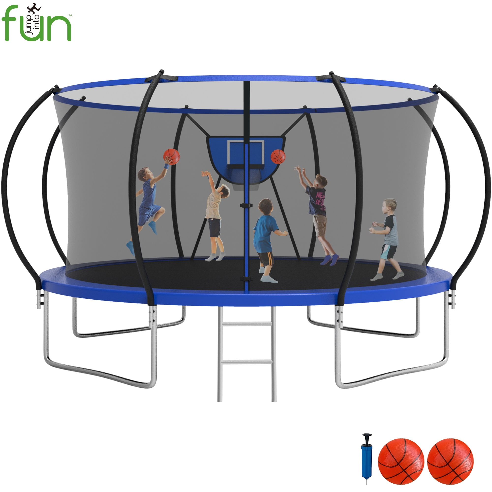 14FT Jump Into Fun Trampoline with Enclosure, Basketball Hoop, 2 Balls ...