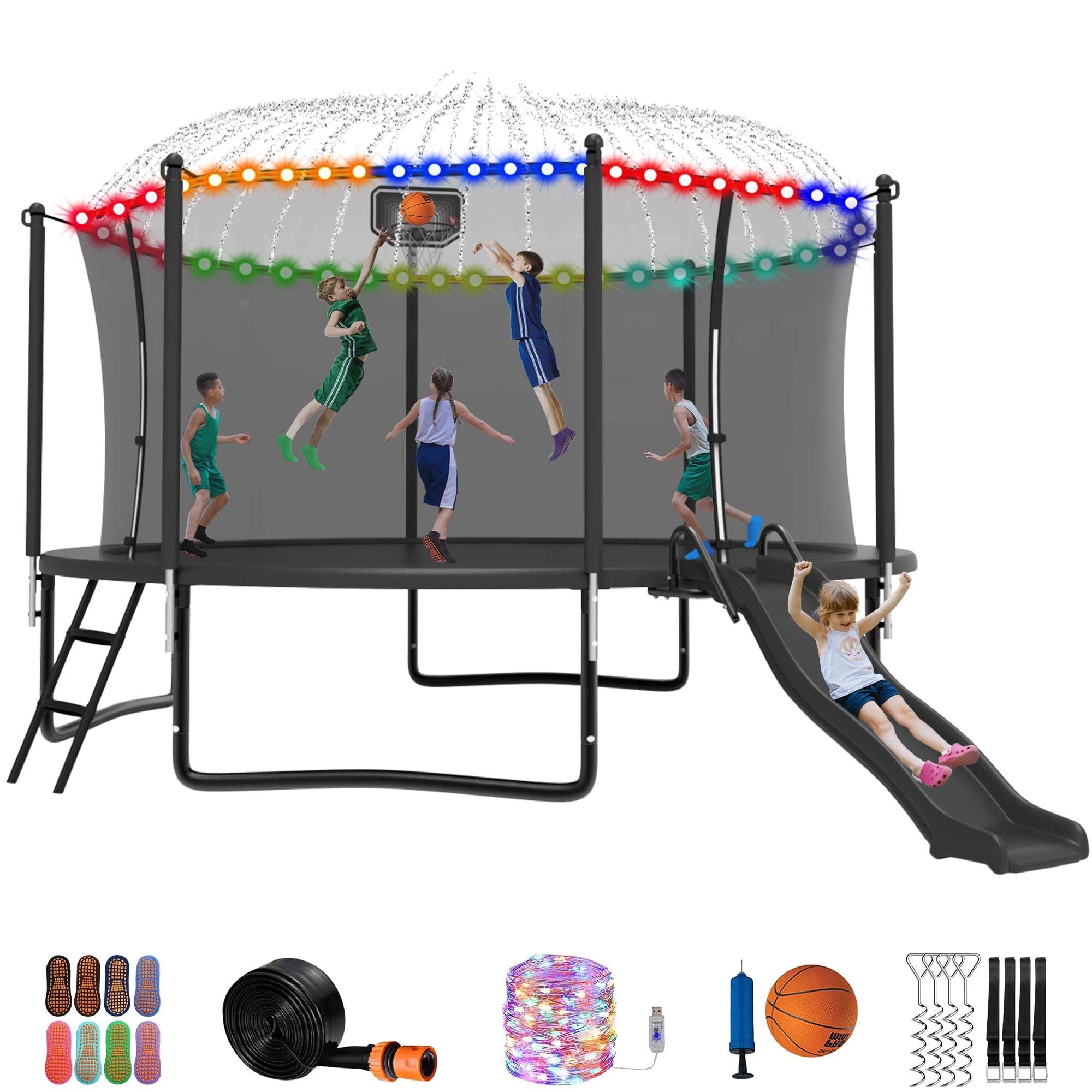 Jump Into Fun Trampoline 12-16FT, Slide, Enclosure, LED, Hoop, 1400LBS ...