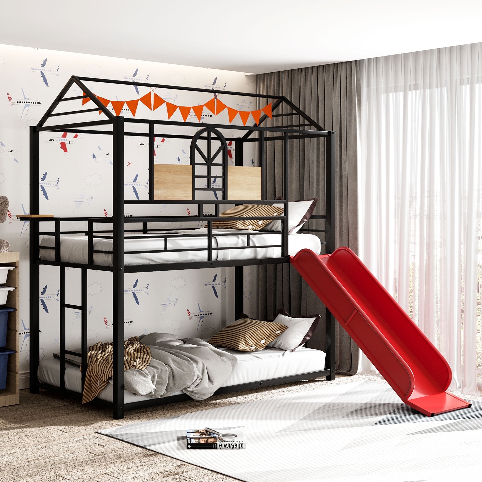 Twin over Twin Metal Bunk Bed with Slide, Safety Guardrails, Ladder, and Roof Design, Black&Red ...