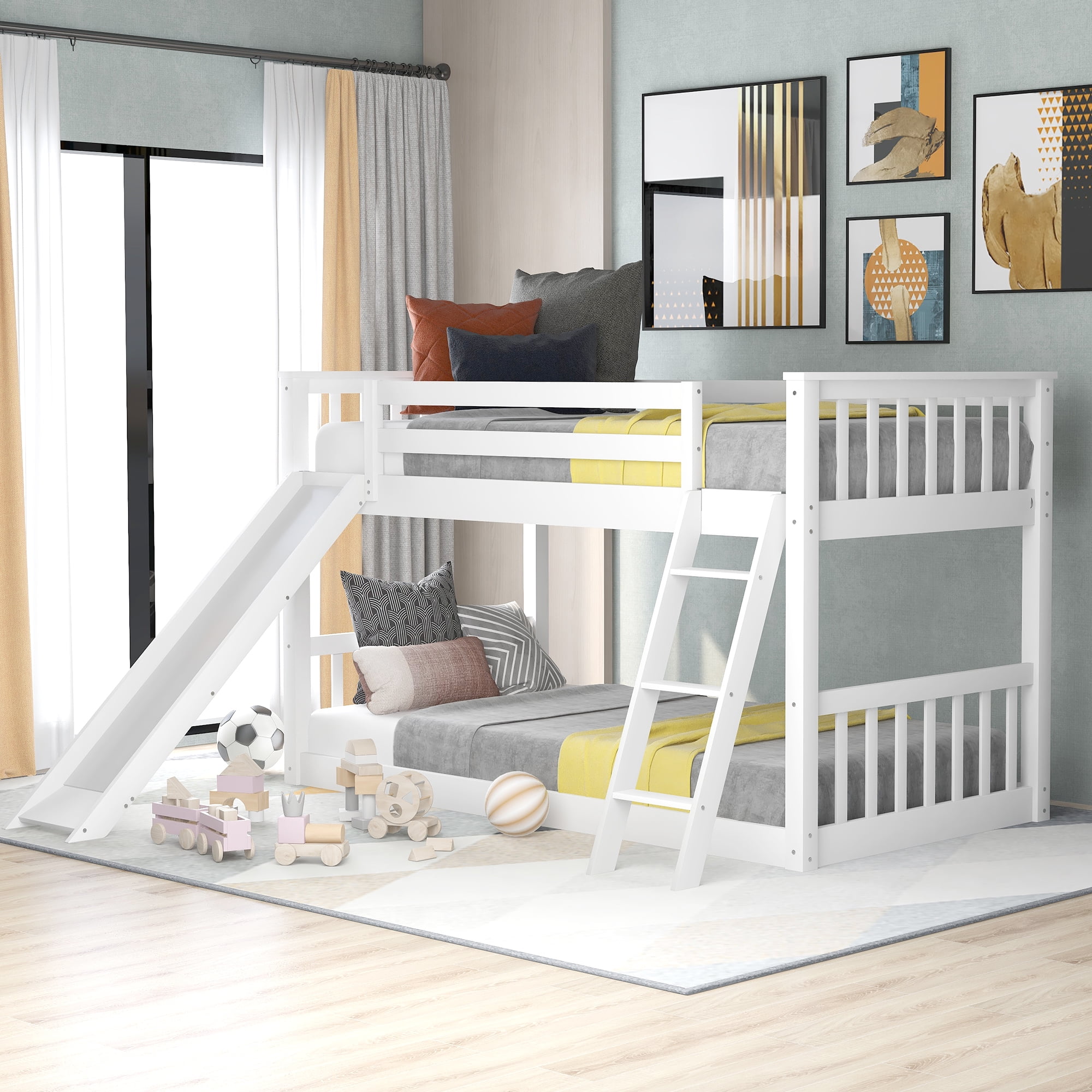 Jump Into Fun Twin over Twin Bunk Bed with Slide, Safety Guardrails ...
