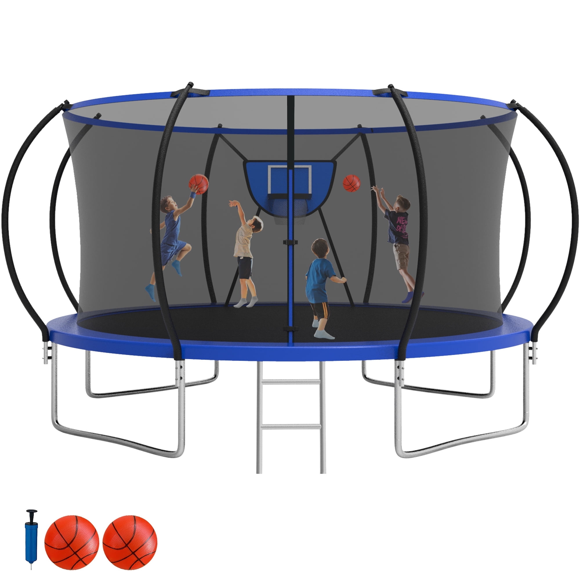 Jump Into Fun Trampoline 10FT-16FT, with Enclosure, Hoop, Balls, Ladder ...