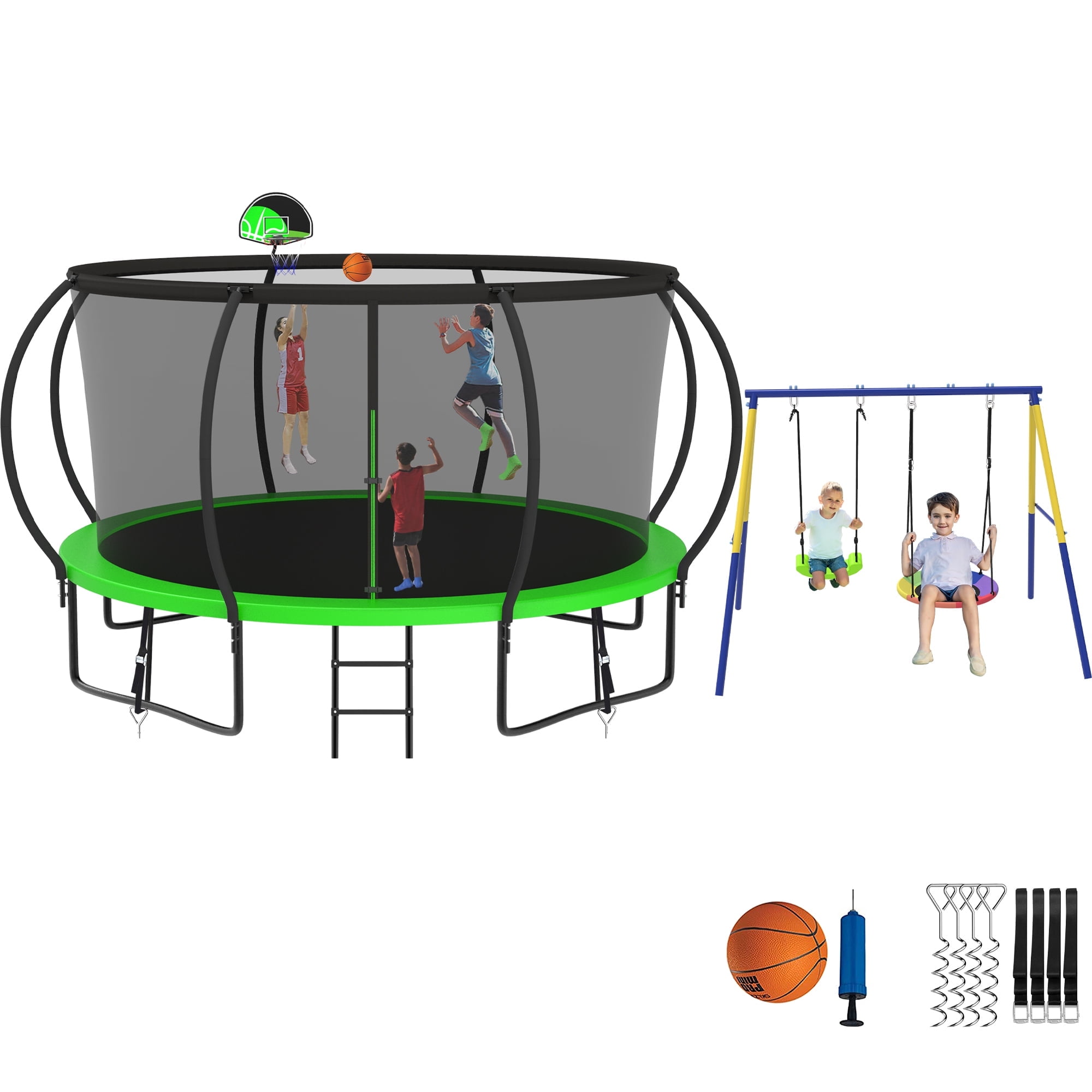 Jump Into Fun 14ft Trampoline with Enclosure, Basketball Hoop & Wind ...