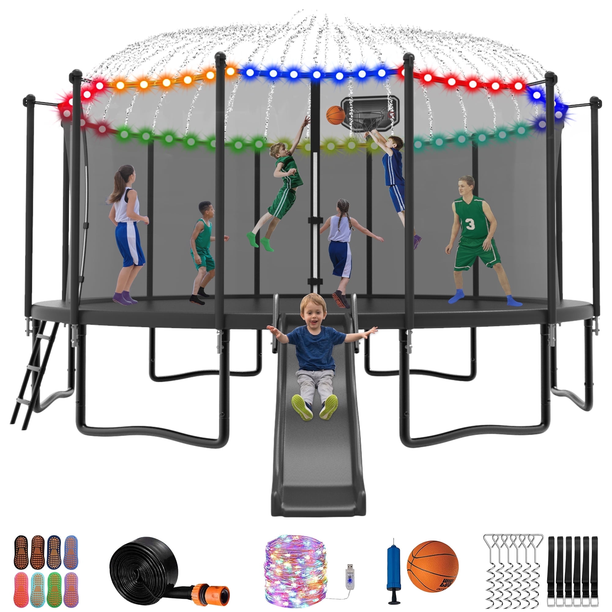 Jump Into Fun Trampoline 12-16FT, Slide, Enclosure, Hoop, Ladder ...