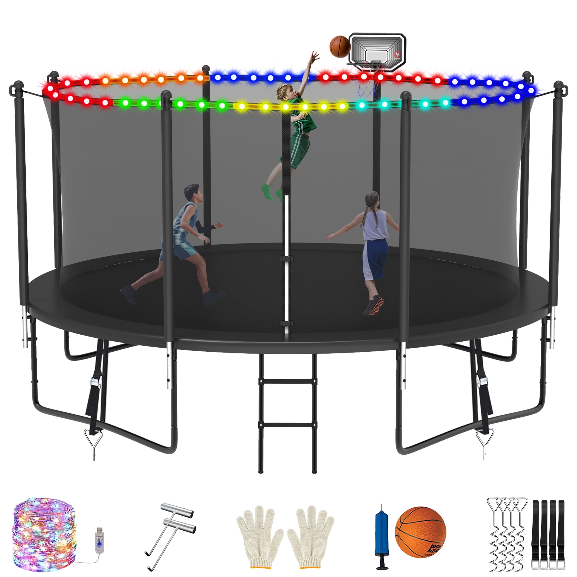 14FT Jump Into Fun Trampoline with Swing, Slide, Basketball Hoop, LED ...