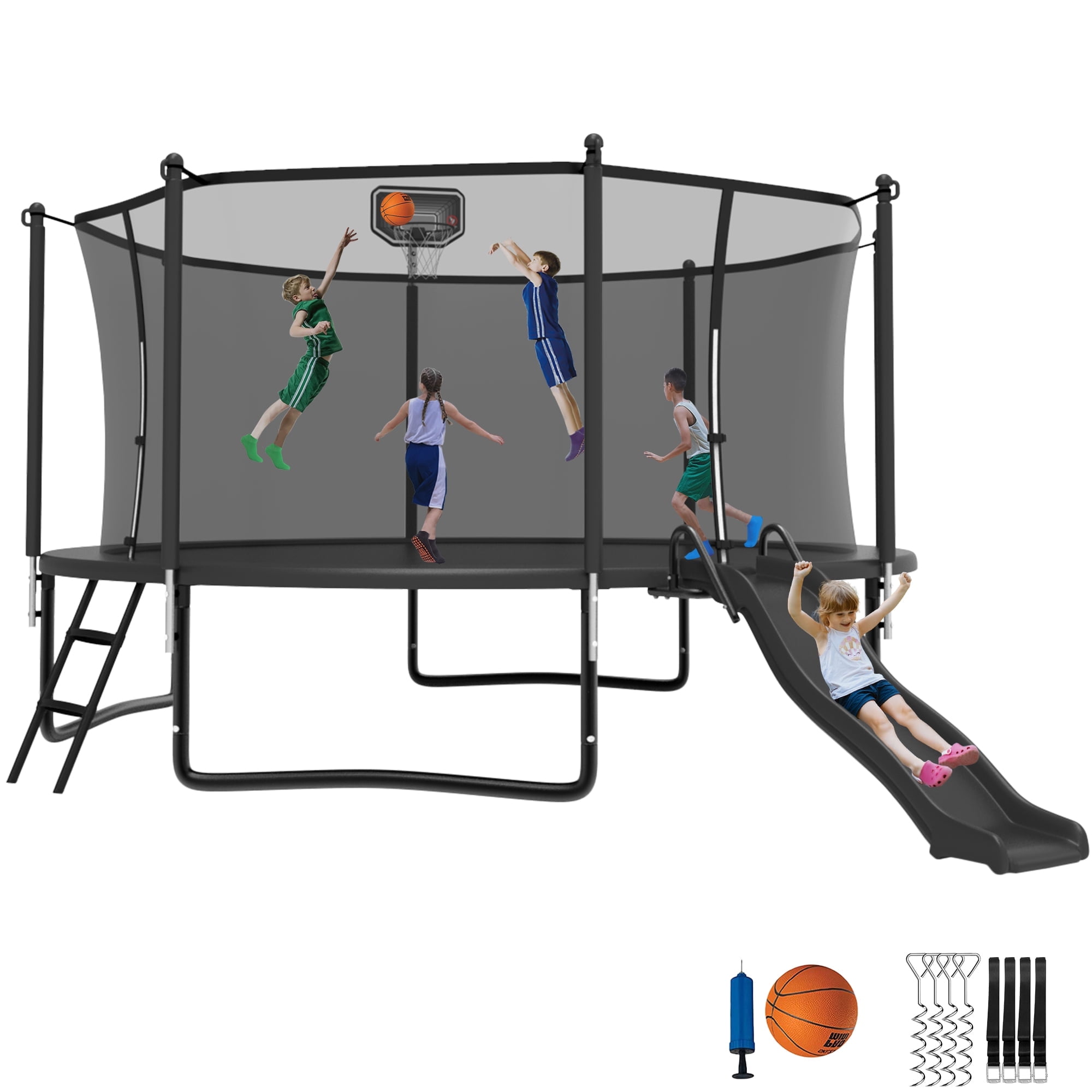 Jump Into Fun Trampoline 12-16FT, Slide, Enclosure, Hoop, Ladder ...