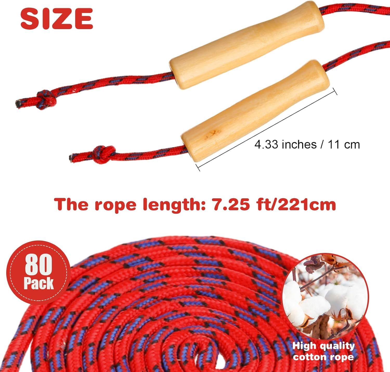Jump Rope Bulk 7.25 ft Cotton Skipping Rope Adjustable with Wooden ...