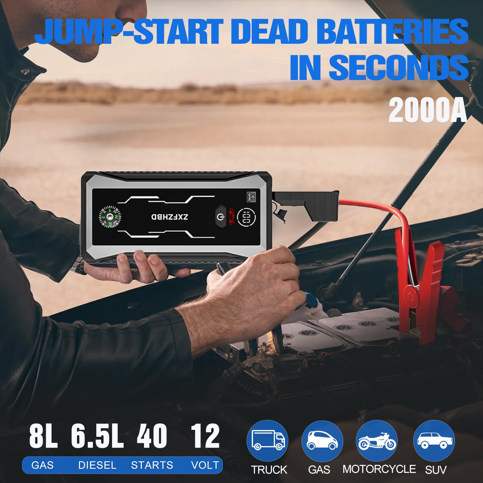 Jump Starter 2000A Jump Starter Battery Pack for Up to 8L Gas and 6.5L ...