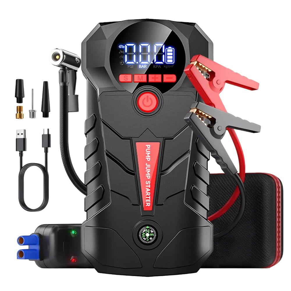 Jump Starter with Air Compressor, 4000A Portable Car Battery Booster, 4 ...
