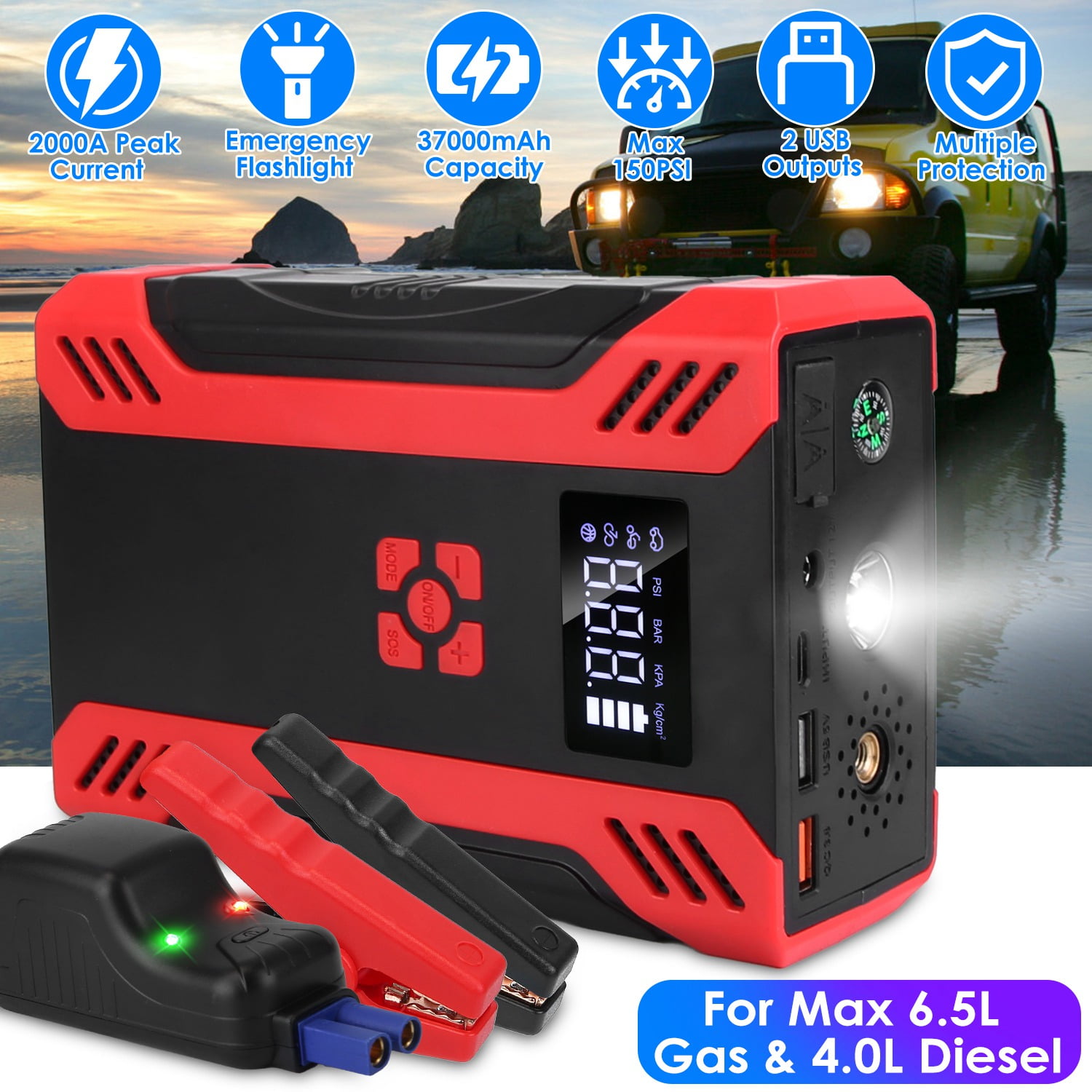 Jump Starter, 2000mAh Car Battery Jump Starter for Up to 6.5L Gas and ...