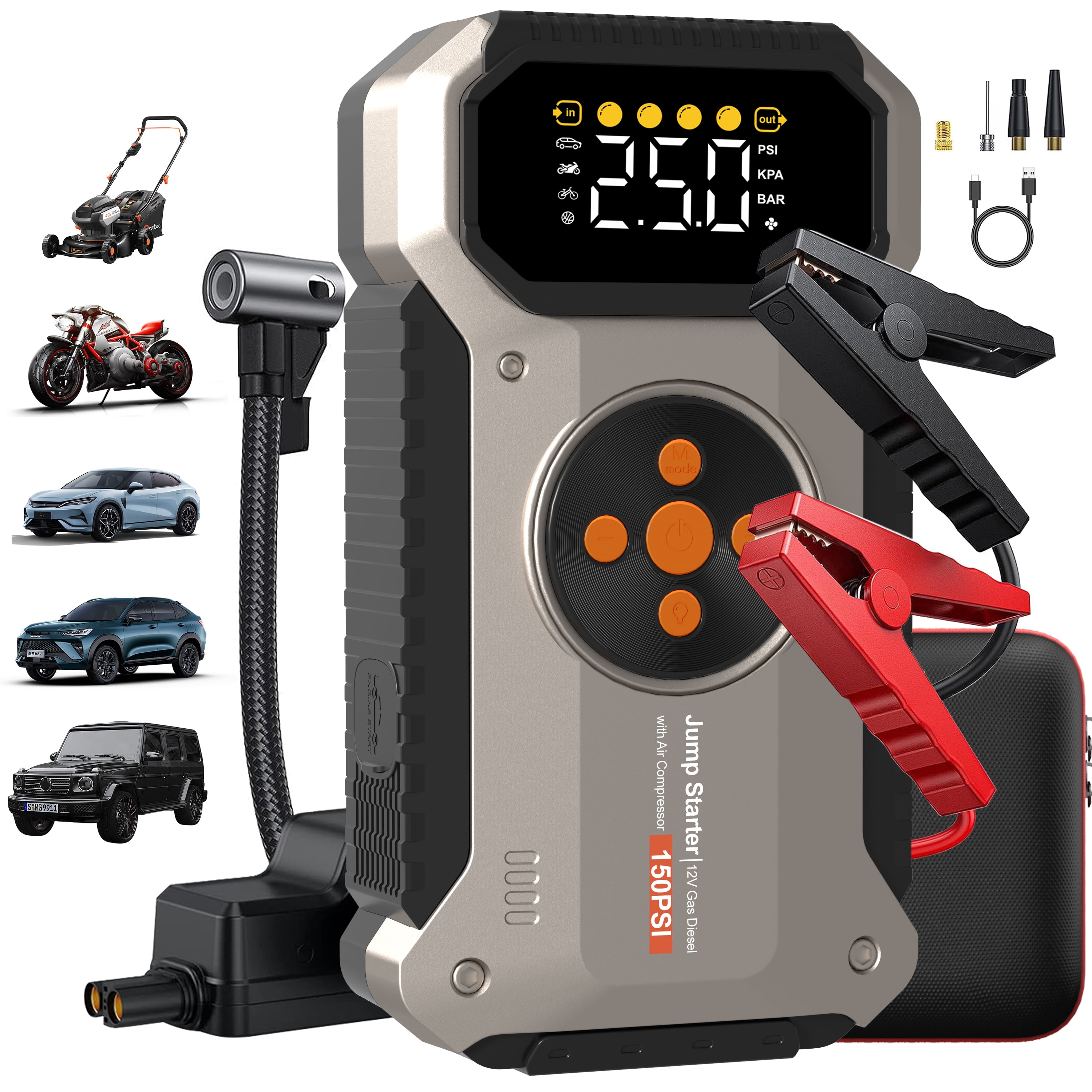 Jump Starter with Air Compressor, Portable Jump Box 3000A Peak Car ...