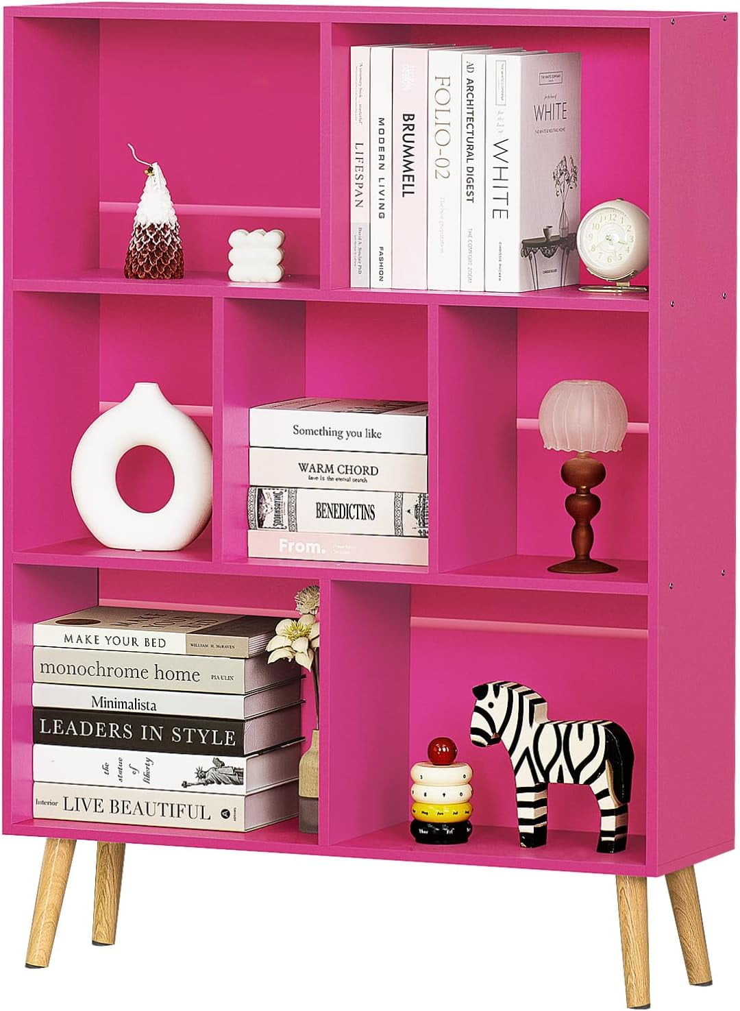 Jumpeak 7 Cube Bookshelf,3 Tier Book Shelf with Legs,Pink Modern ...