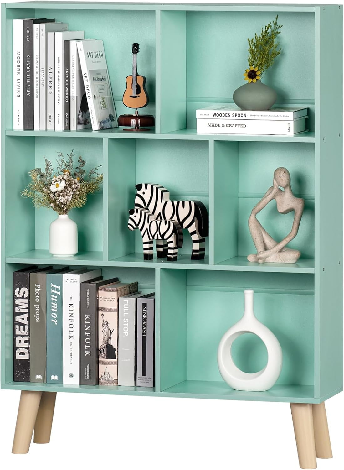 Jumpeak 7 Cube Bookshelf 3-Tier Bookcase with Legs, Mint-Green Kids ...