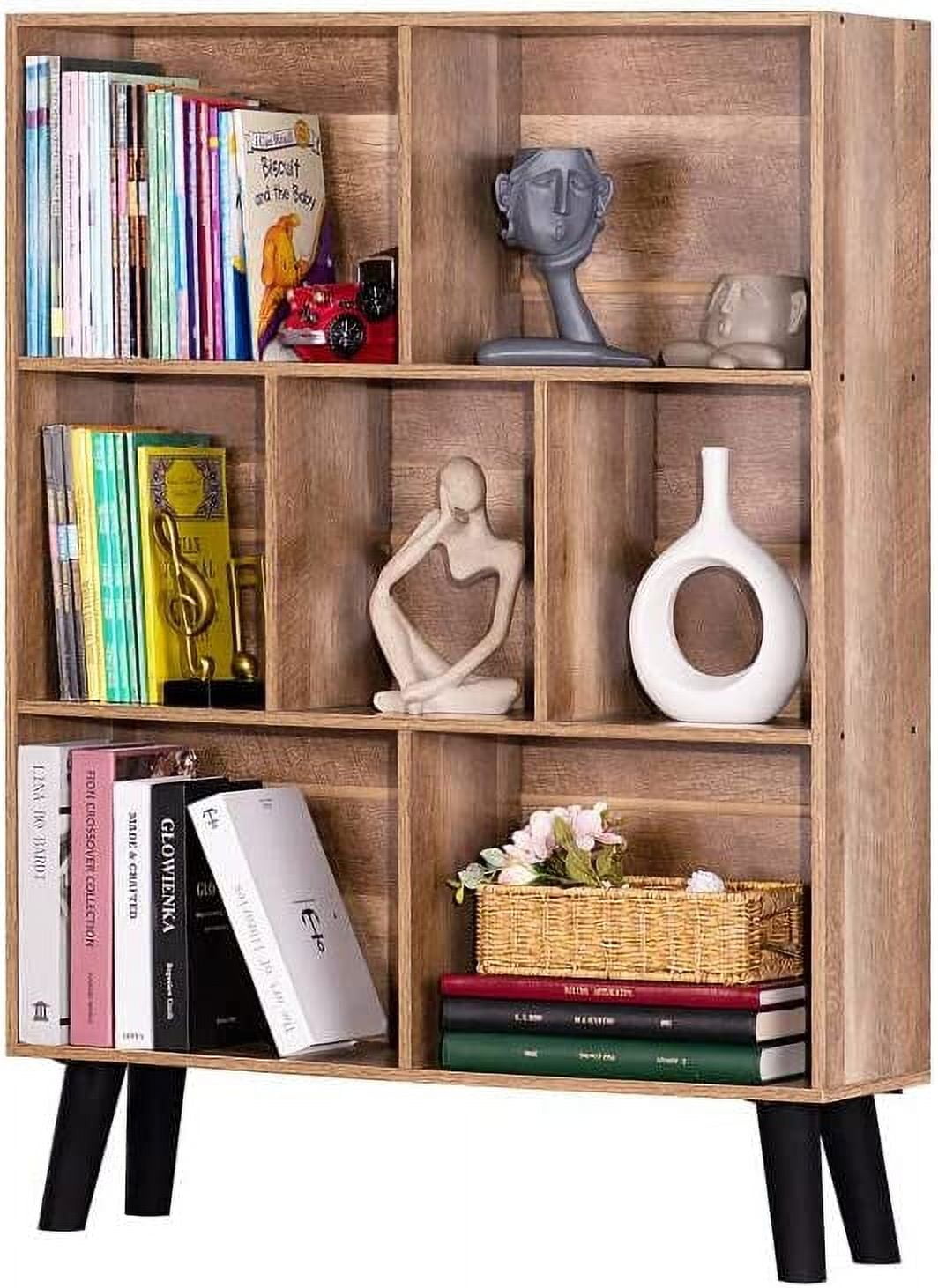 Jumpeak 7 Cube Bookshelf 3 Tier Modern Bookcase with Legs,Wood Book ...