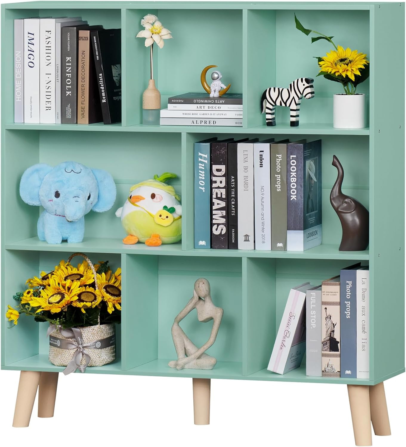 Jumpeak 8 Cube Bookshelf 3-Tier Bookcase with Legs, Mint-Green Kids ...