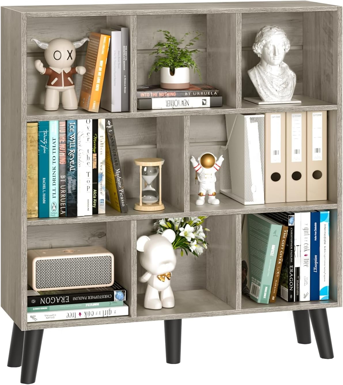 Jumpeak 8 Cube Bookshelf,3 Tier Bookcase with Legs,Modern Grey Mid ...