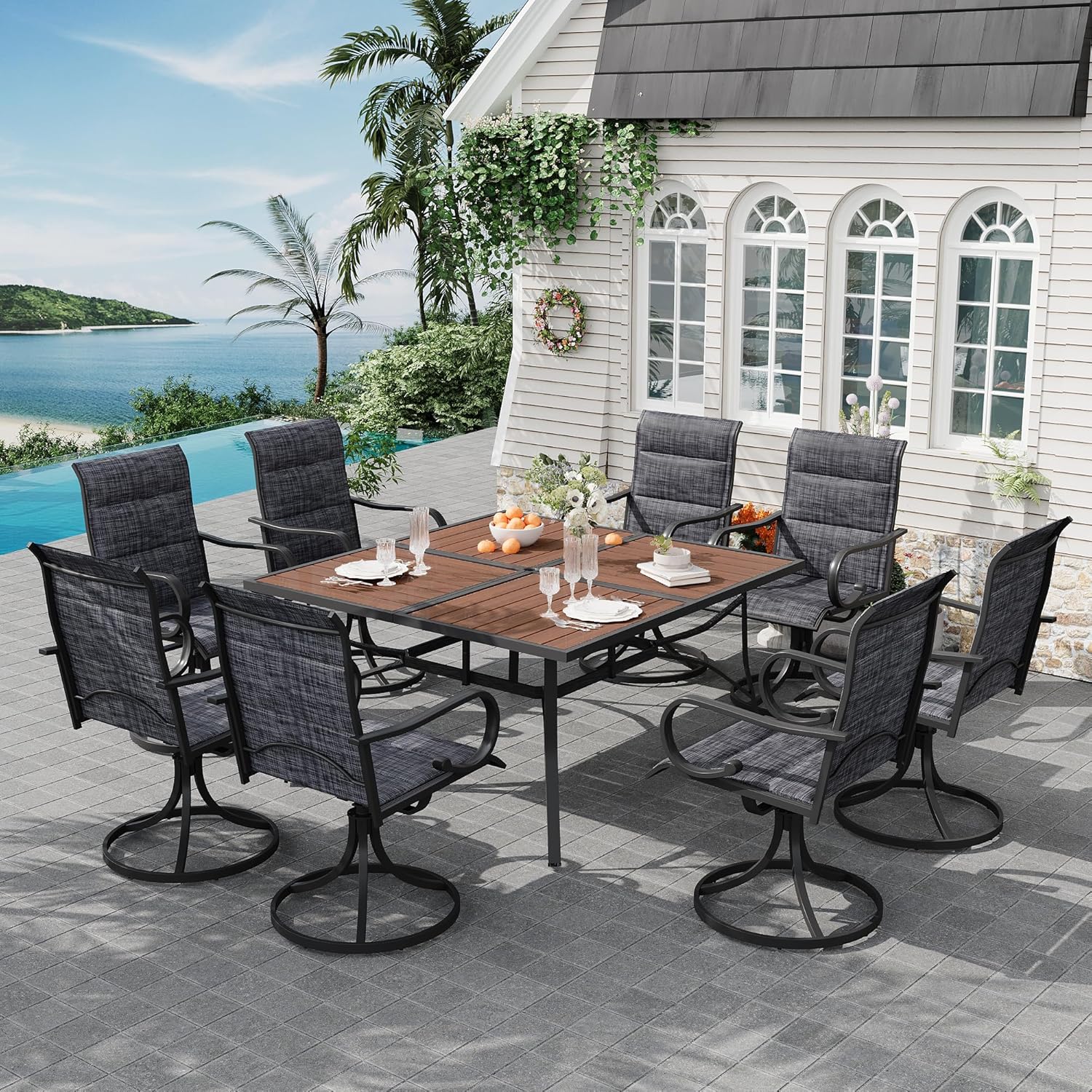 Jumpeak 9 Pieces Outdoor Dining Set, 8 Swivel Rocker Chairs with High ...