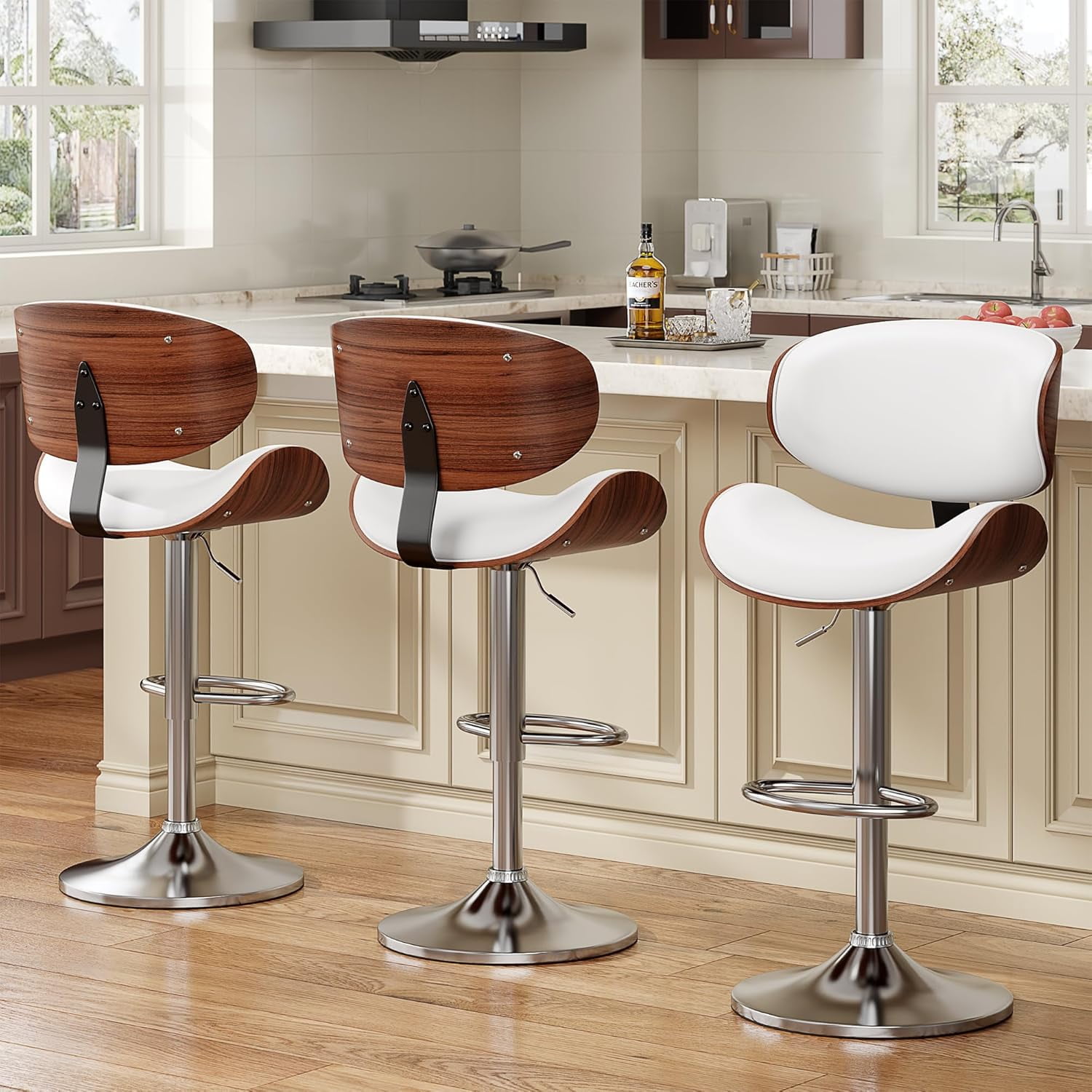 Jumpeak Bar Stools Set of 4, Modern Pu Leather Swivel Adjustable Bar ...