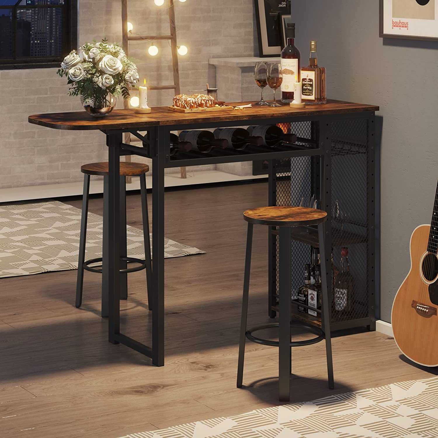Jumpeak Bar Table and Chair Set, Expandable Dining Table with 2 Bar ...