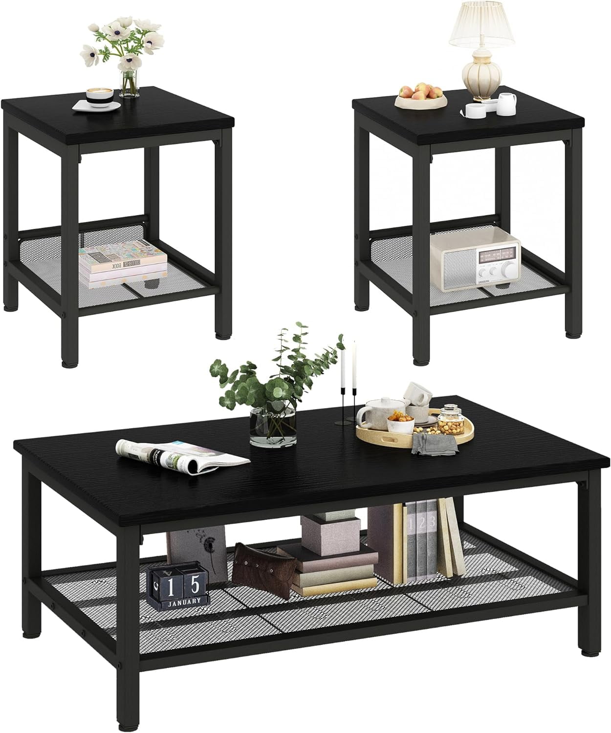 Jumpeak Coffee Table Set of 3, Industrial Coffee Table with 2 Square ...